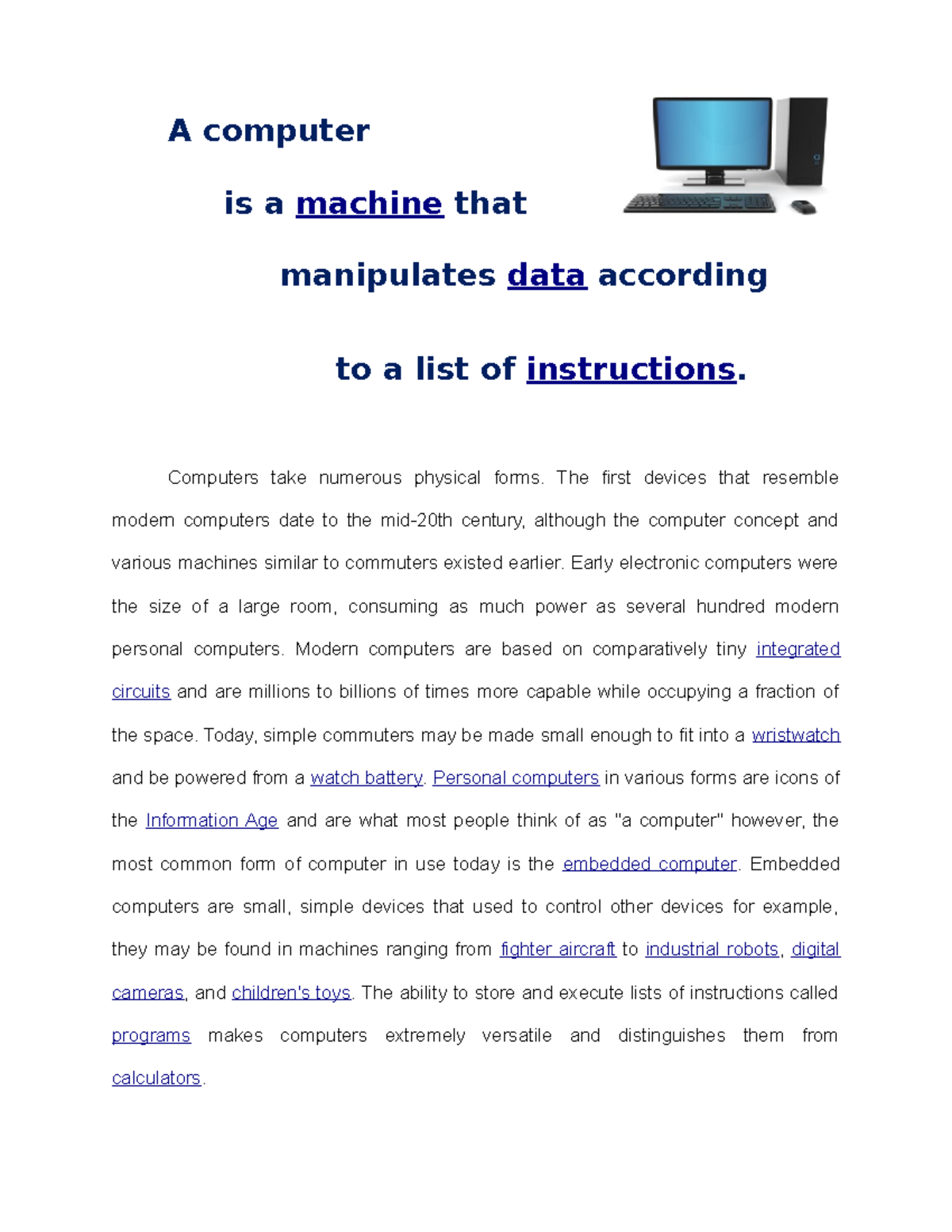WORD 1 - Pc Operation - A computer is a machine that manipulates data ...