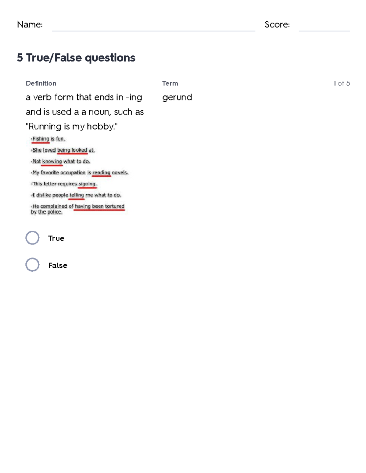 Grammar Terms Practice Quiz 3 - ENGL 115 - Name: Score: 5 True/False ...
