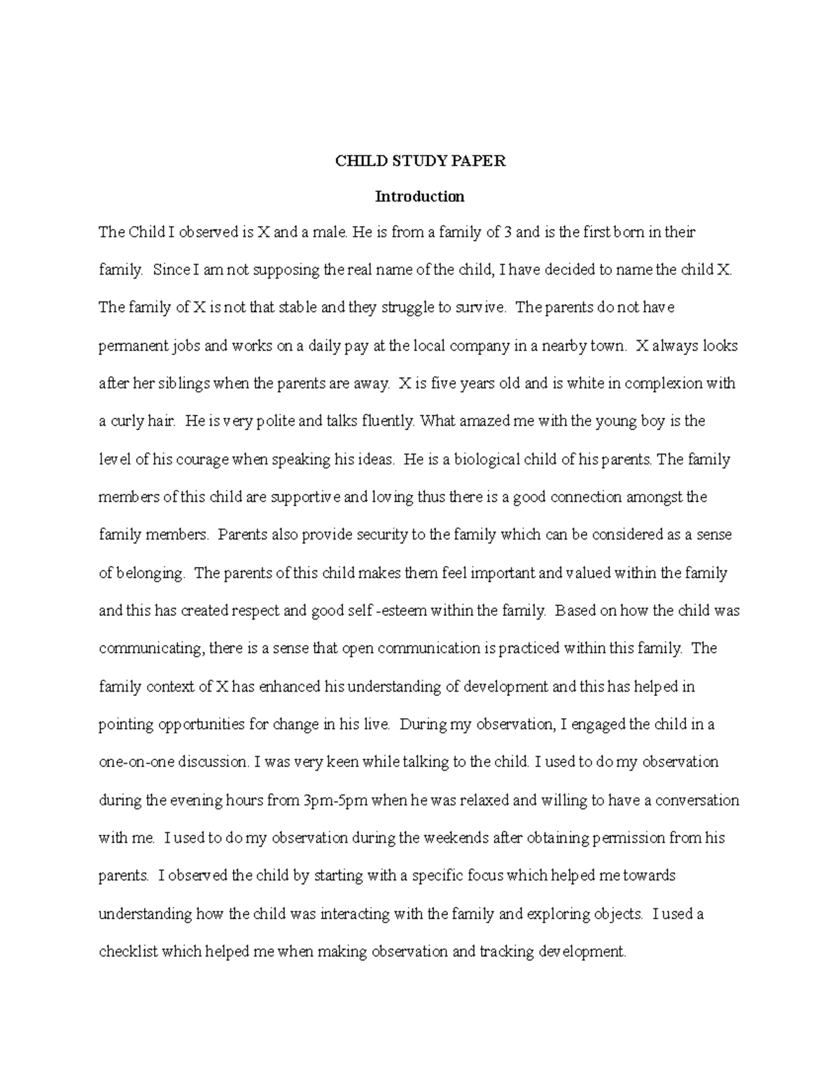 Child Study PAPE1 - CHILD STUDY PAPER Introduction The Child I observed ...