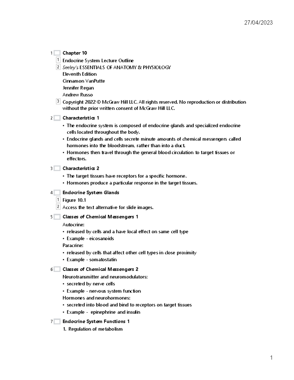Ch.10 Endocrine System Outline - Chapter 10 Endocrine System Lecture ...