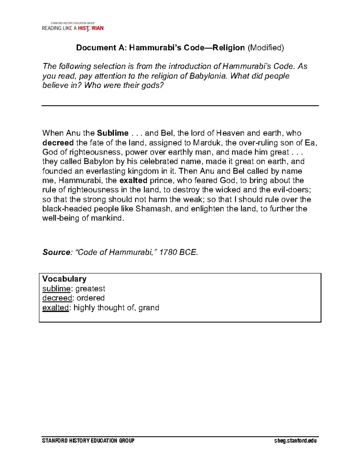 Hammurabi's Code Student Materials 2 - Document A: Hammurabi’s Code ...