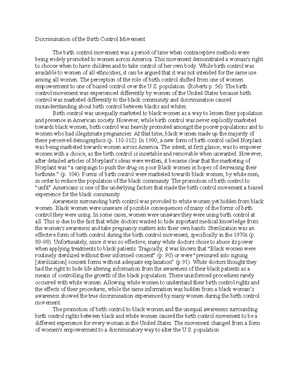 Exemplar Essay SOC 170 Example 2 - Discrimination of the Birth Control ...