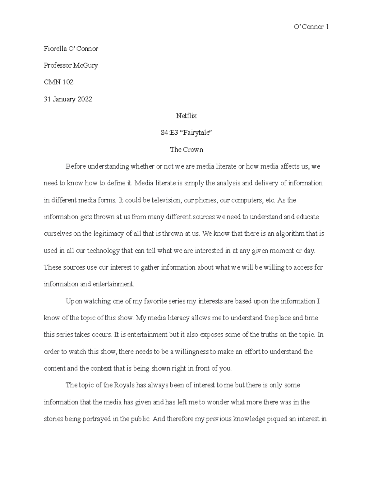 Short Research Paper - CMN 102 with Carol McGury - Fiorella O’Connor ...