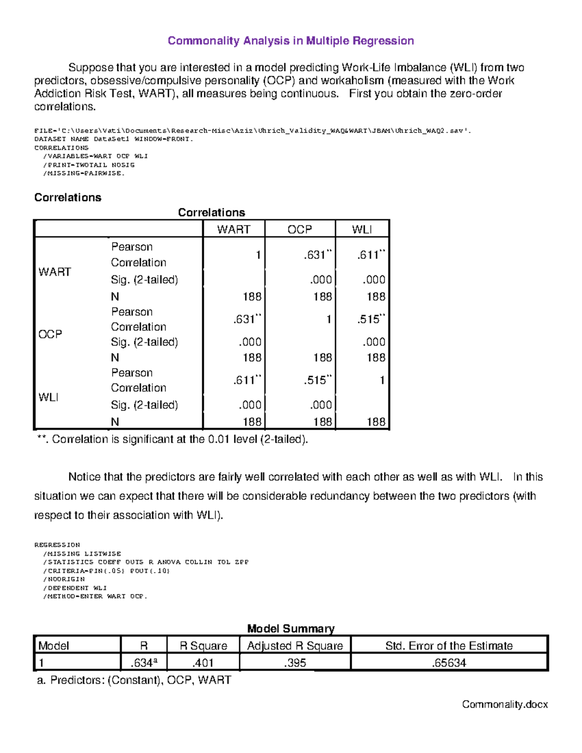 Commonality Analysis In Multiple Regression First You Obtain The Correlations Dataset Name