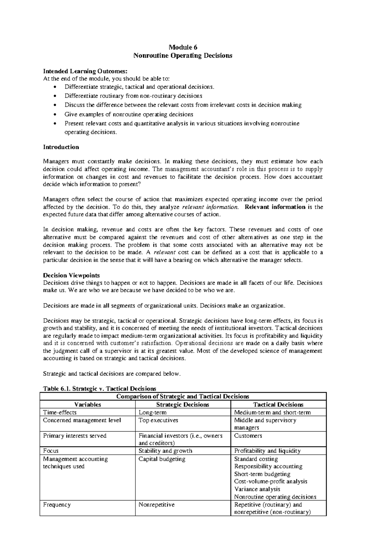 Nonroutine- Operating- Decisions - Module 6 Nonroutine Operating ...