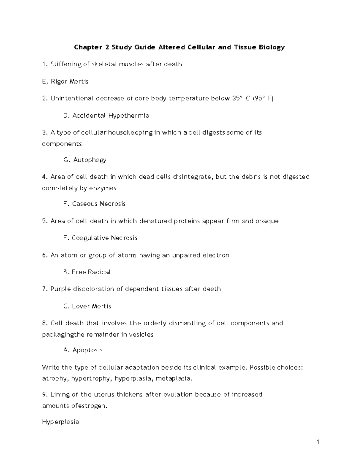 Altered Cellular and Tissue Biology Chapter 2 Study Guide - Chapter 2 ...
