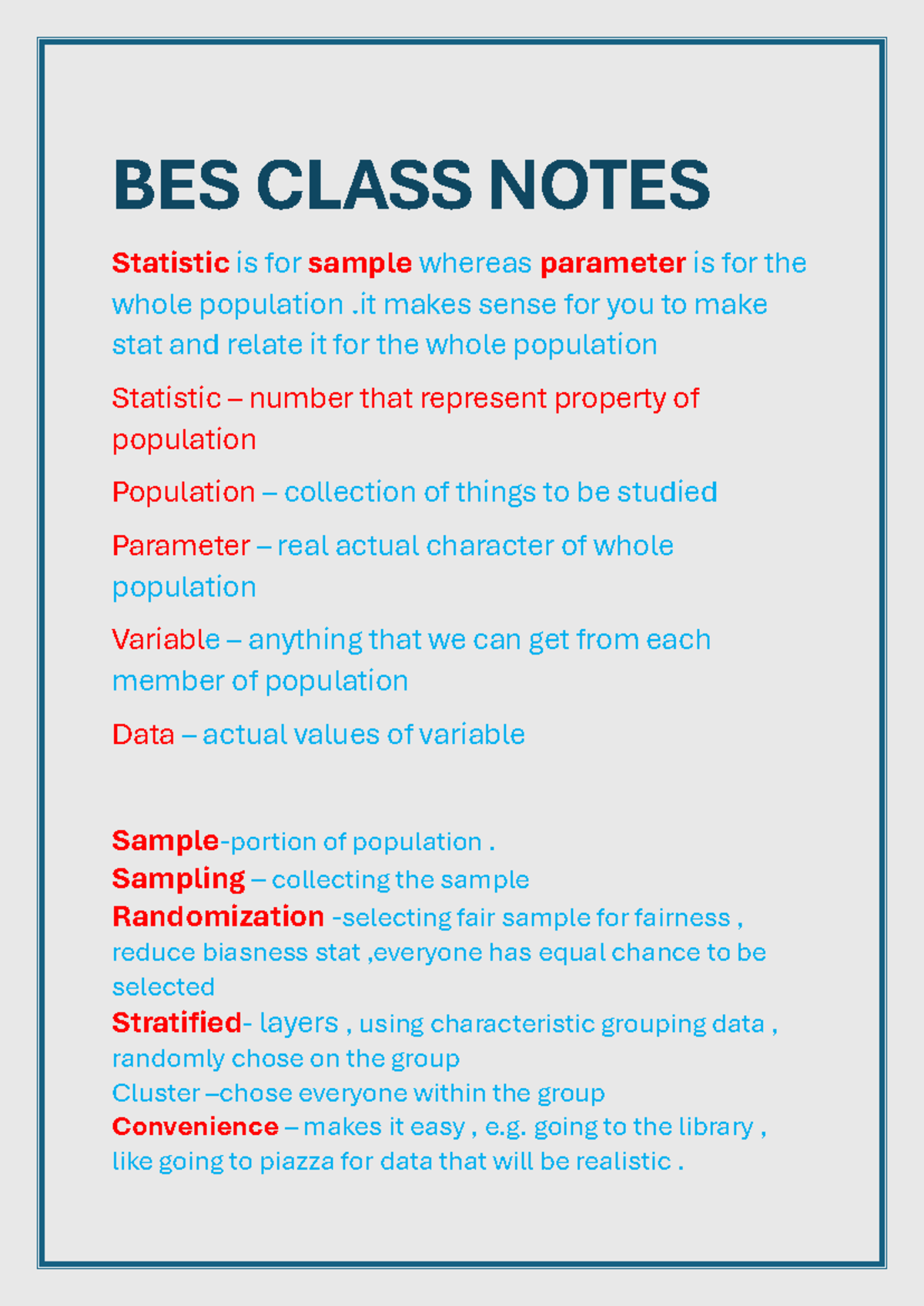 BES Class Notes - BES CLASS NOTES Statistic is for sample whereas ...