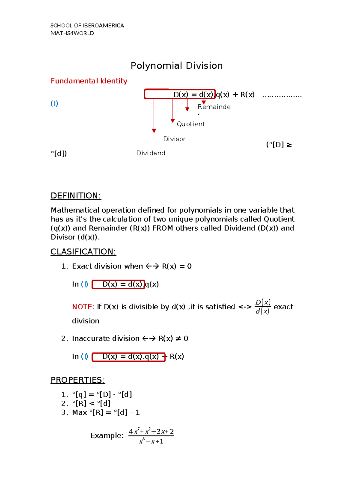 Algebra Algebra Algebra Algebra Polynomial division study guide ...