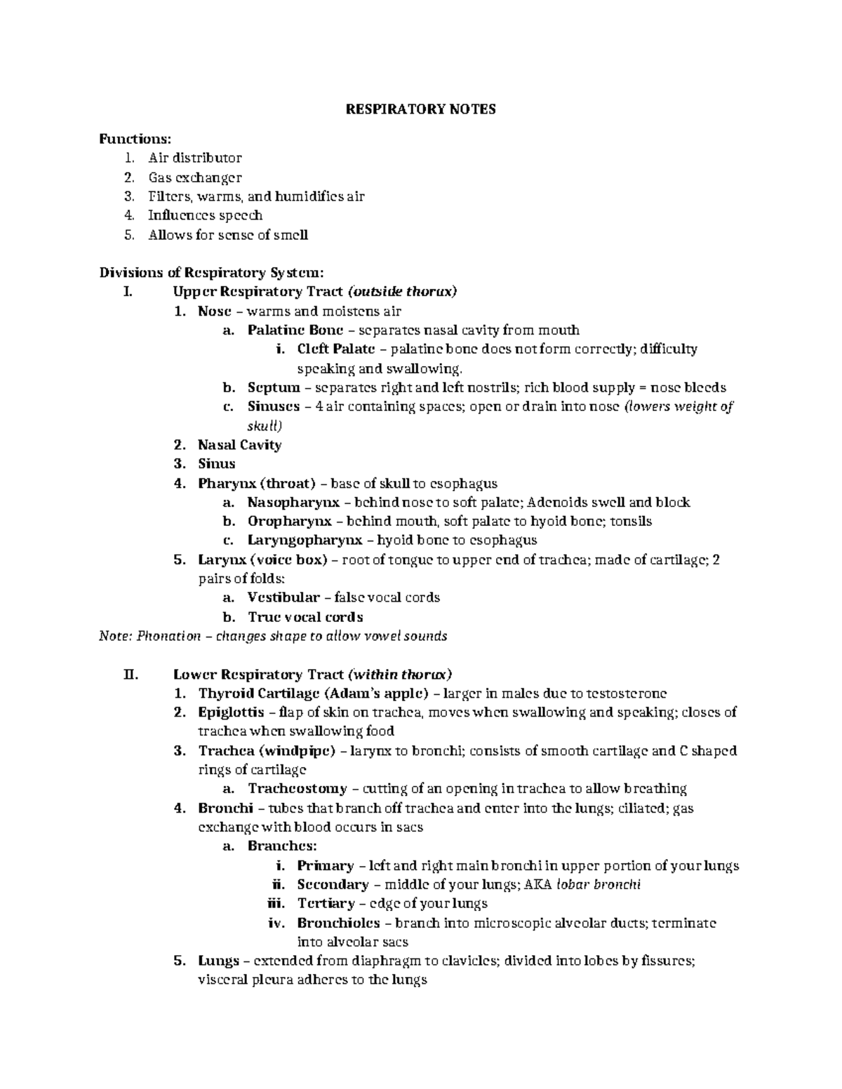 Respiratory System Notes - RESPIRATORY NOTES Functions: 1. Air ...