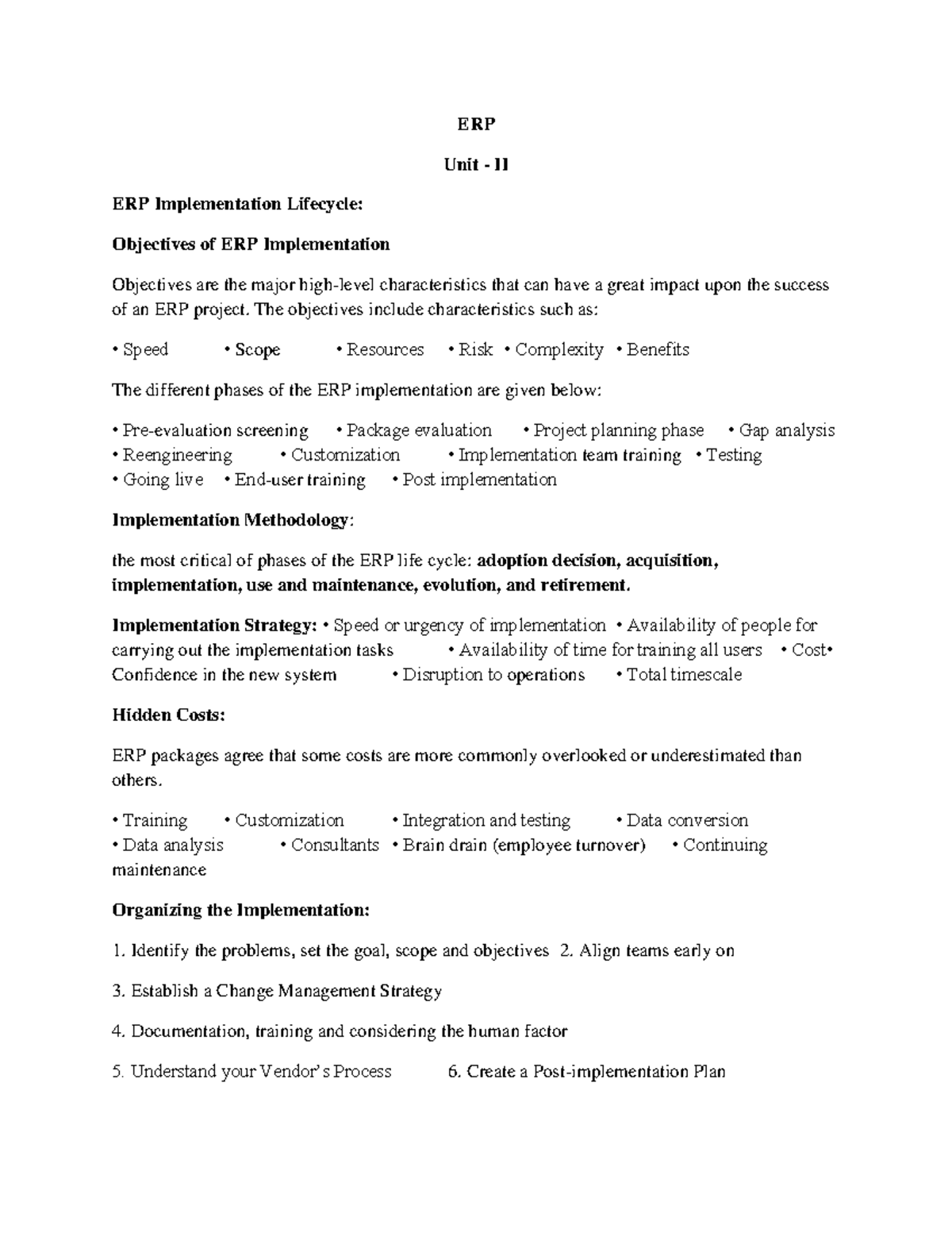ERP Unit II Material - ERP Unit - II ERP Implementation Lifecycle ...
