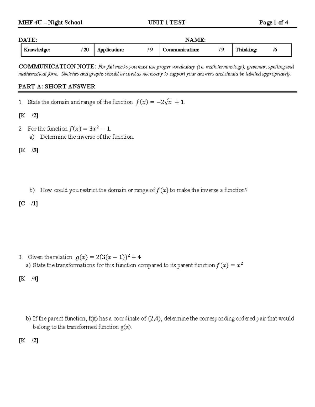 Unit 1 Test 2022 - advanced functions test - DATE: NAME: Knowledge ...