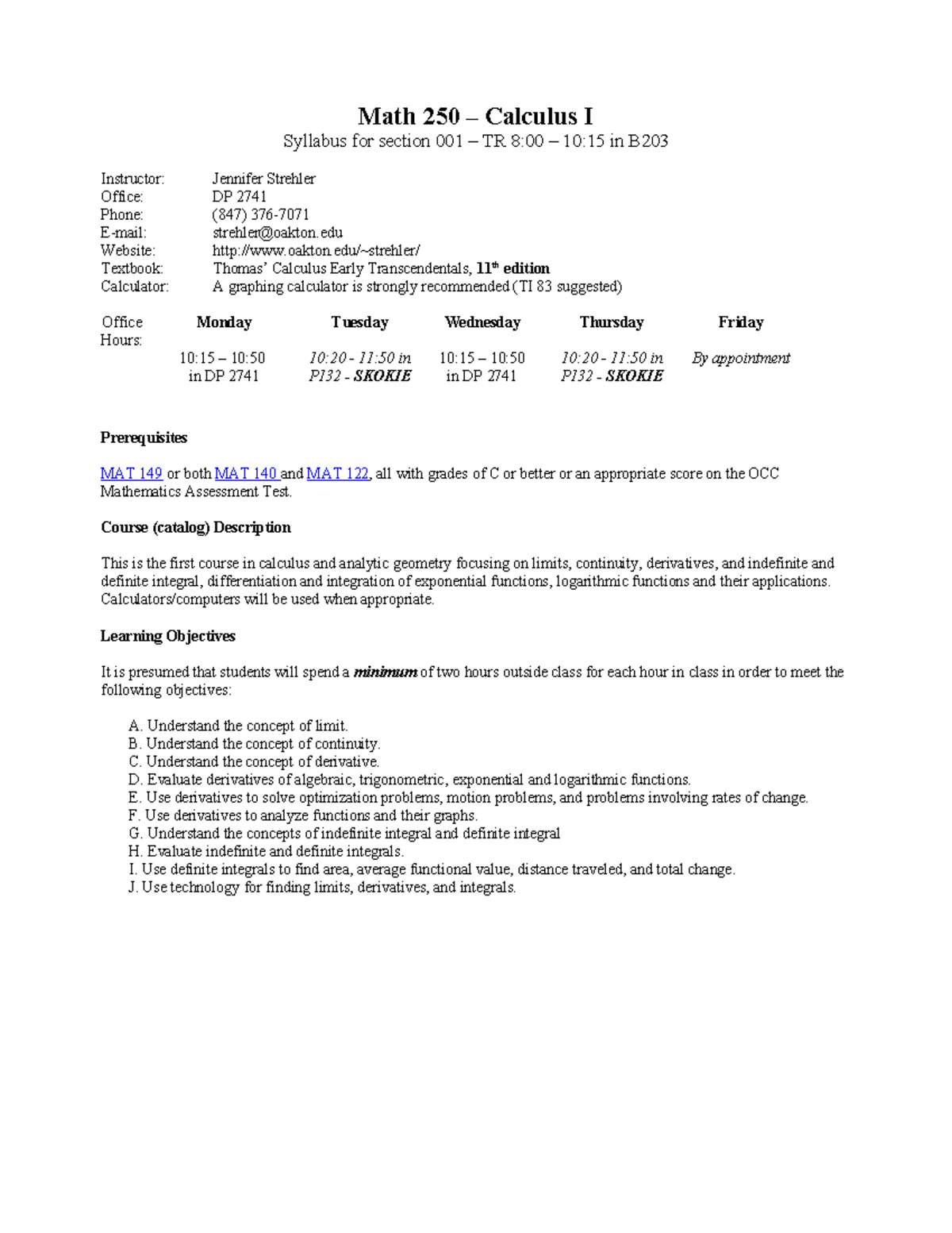 250syllabus - Summary Calculus I - Math 250 – Calculus I Syllabus for ...