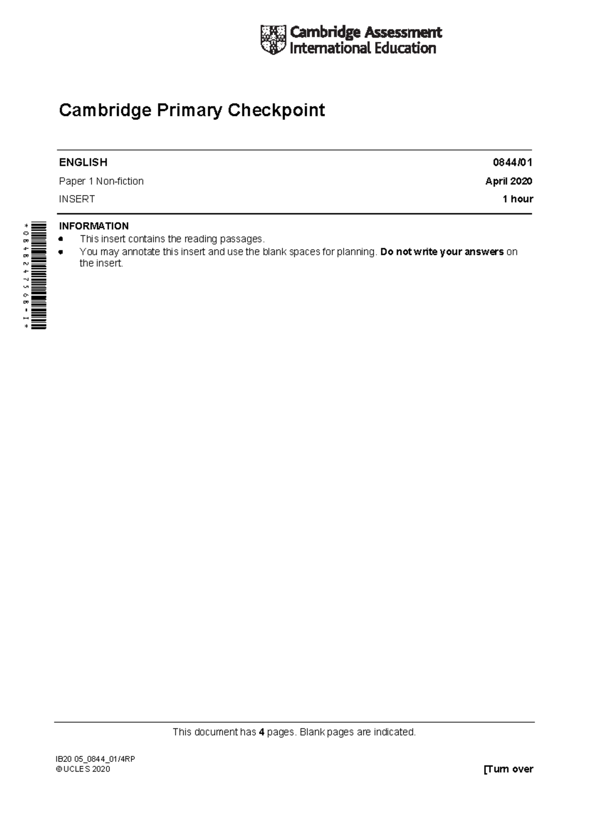 Cambridge Primary Checkpoint - English (0844) April 2020 Paper 1 Insert ...