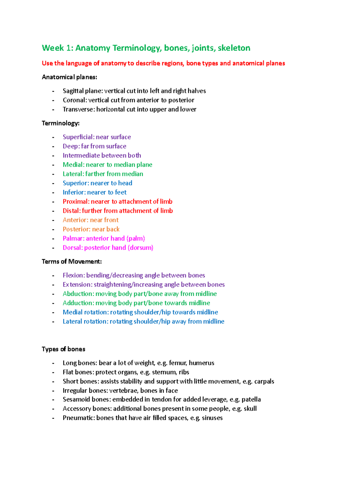 Summary document - anatomy - Week 1: Anatomy Terminology, bones, joints ...