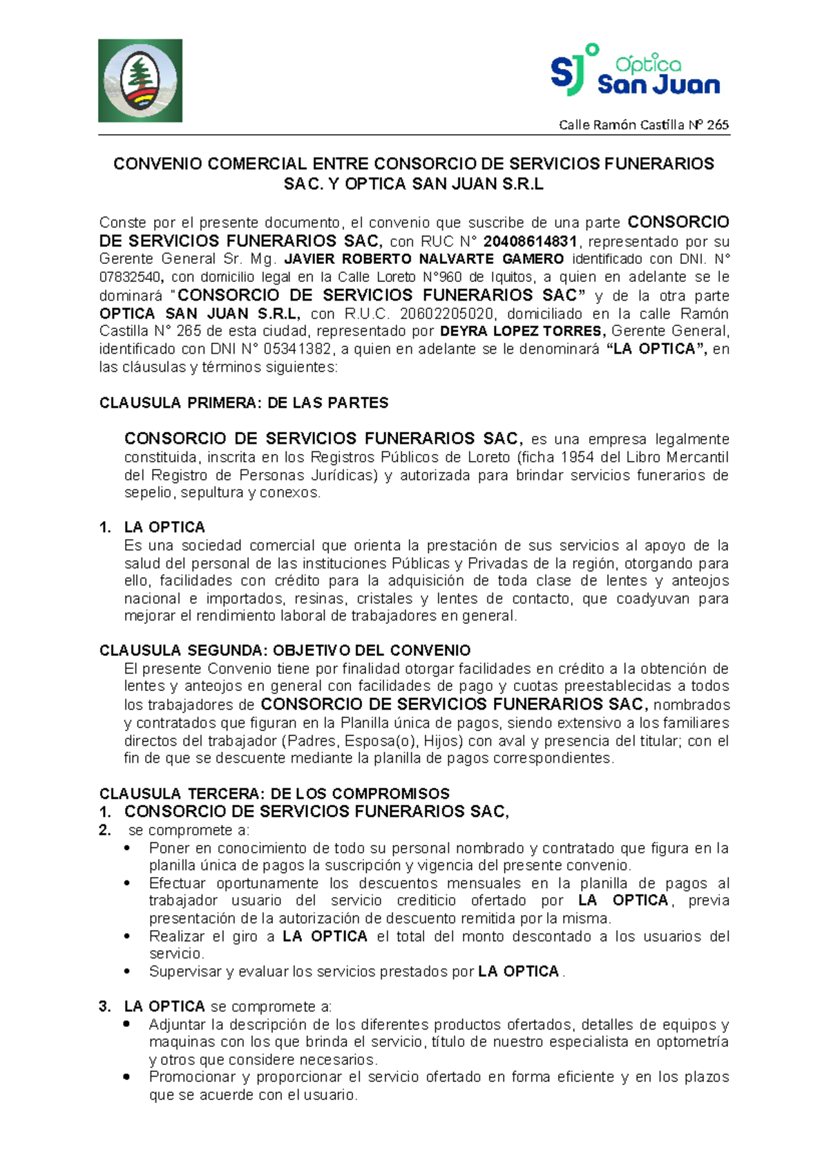 Formato Convenio Comercial - Calle Ramón Castilla N° 265 CONVENIO COMERCIAL ENTRE CONSORCIO DE ...