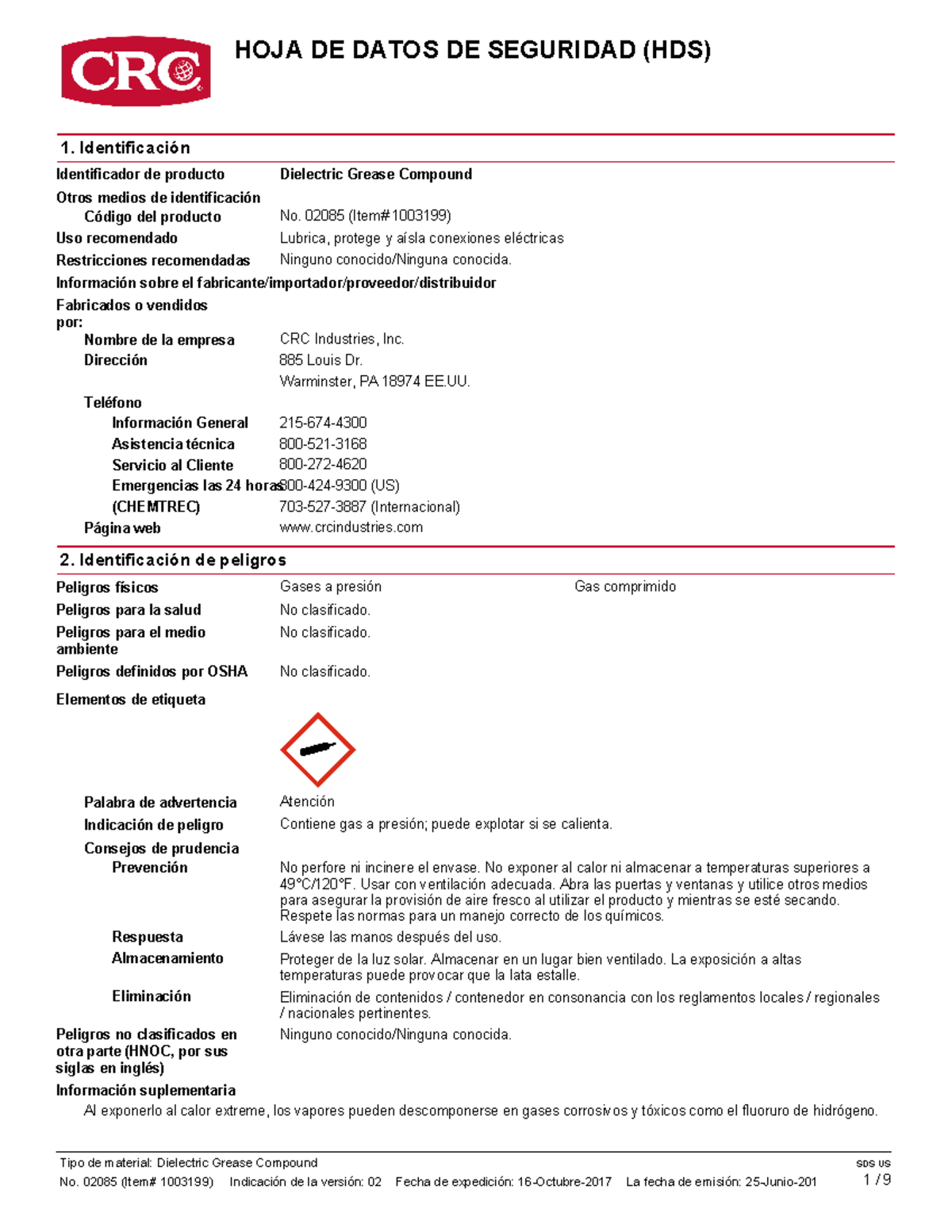 Grasa Dielectrica CRC - HOJA MSDS - HOJA DE DATOS DE SEGURIDAD (HDS) 1. Identificación ...