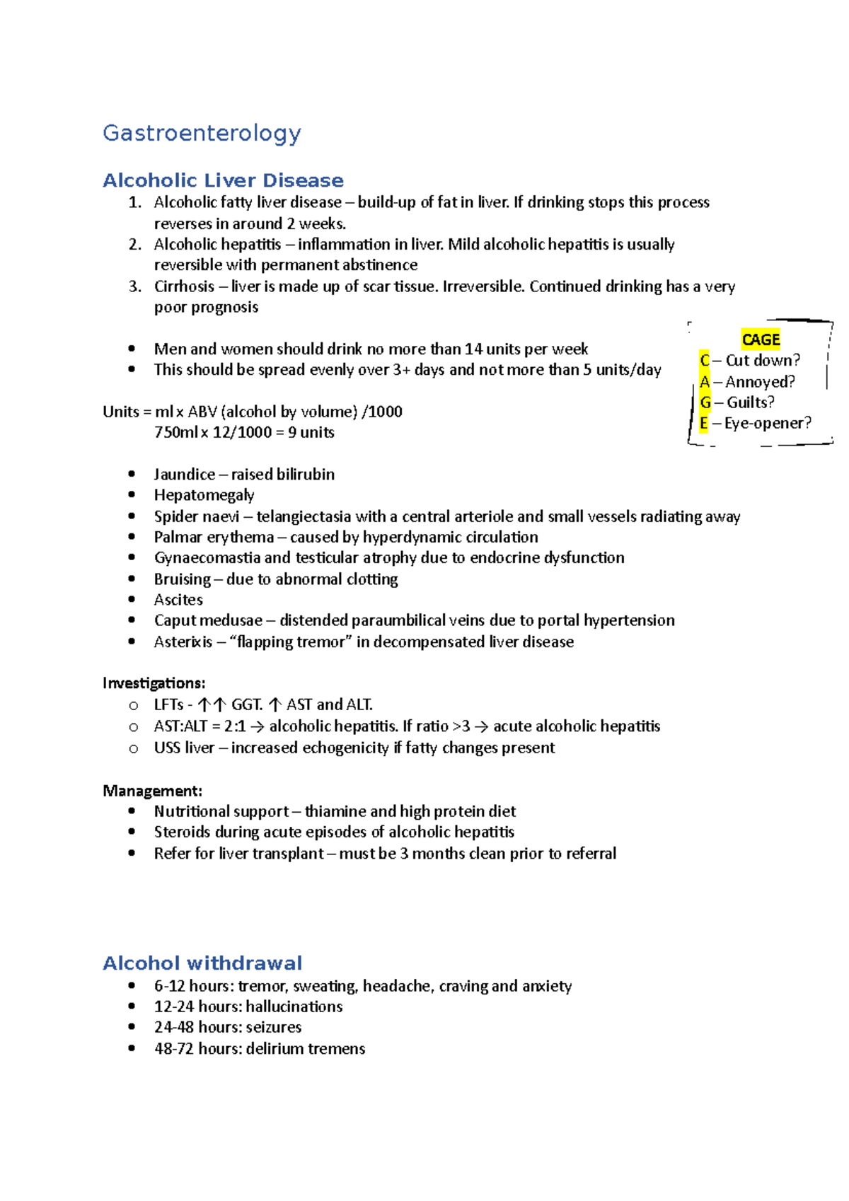 Gastroenterology notes - Gastroenterology Alcoholic Liver Disease ...