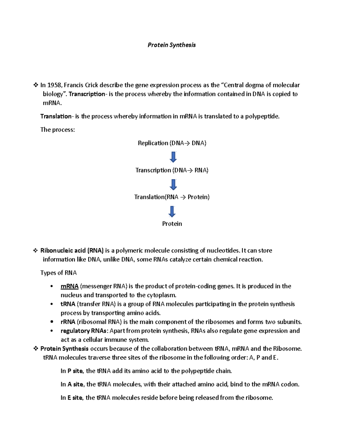 Protein Synthesis Lecture notes - Protein Synthesis In 1958, Francis ...