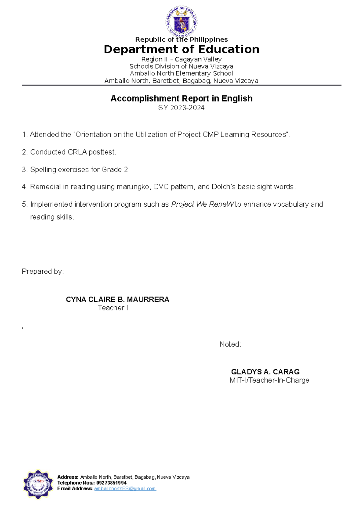 Accomplishment Report in English - Republic of the Philippines ...