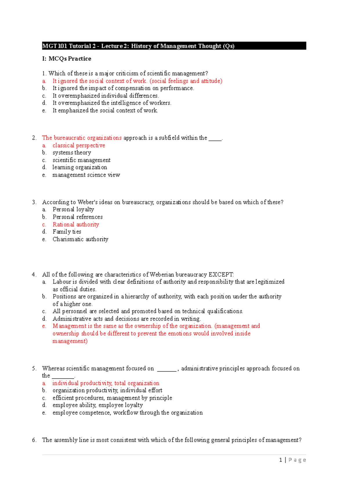 2a. MGT101 Week 3 Tutorial 2 Qs - MGT101 Tutorial 2 - Lecture 2: History of Management Thought ...