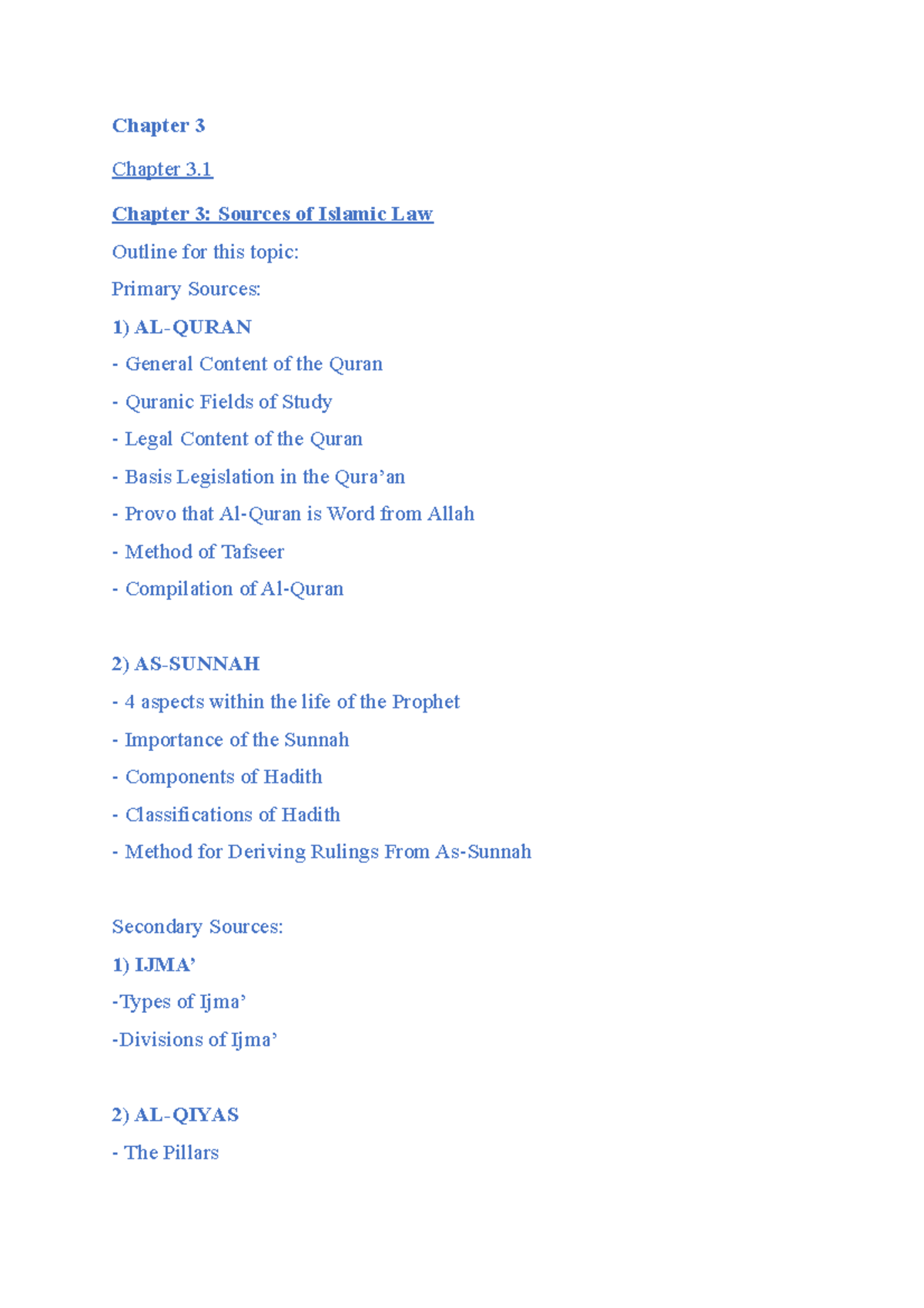 Introduction to Syariah Law (Chapter3 and Chapter 4 summary notes ...