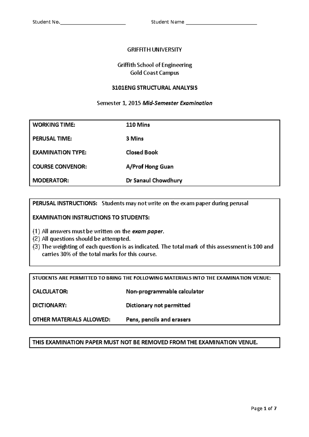 Exam 2015, questions and answers - mid semester exam - Student No