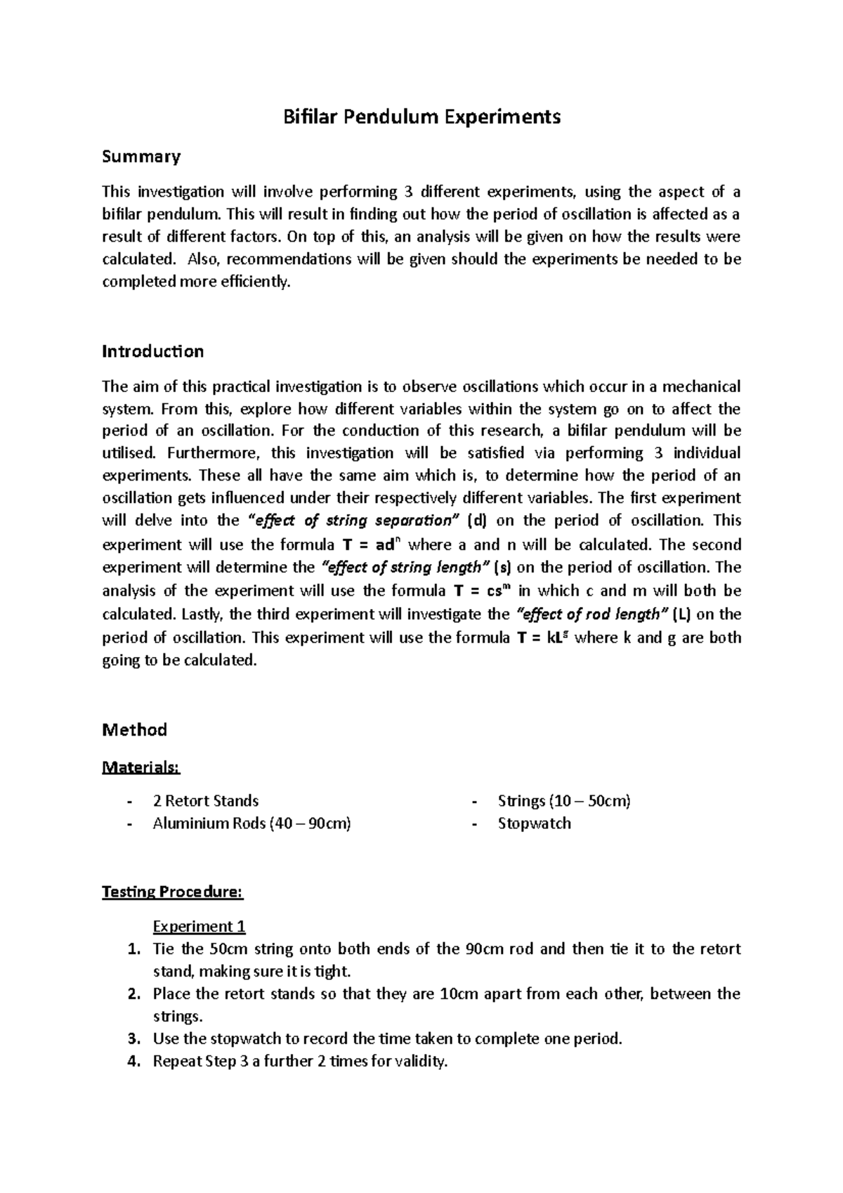 Bifilar Pendulum Experiment - This will result in finding out how the ...
