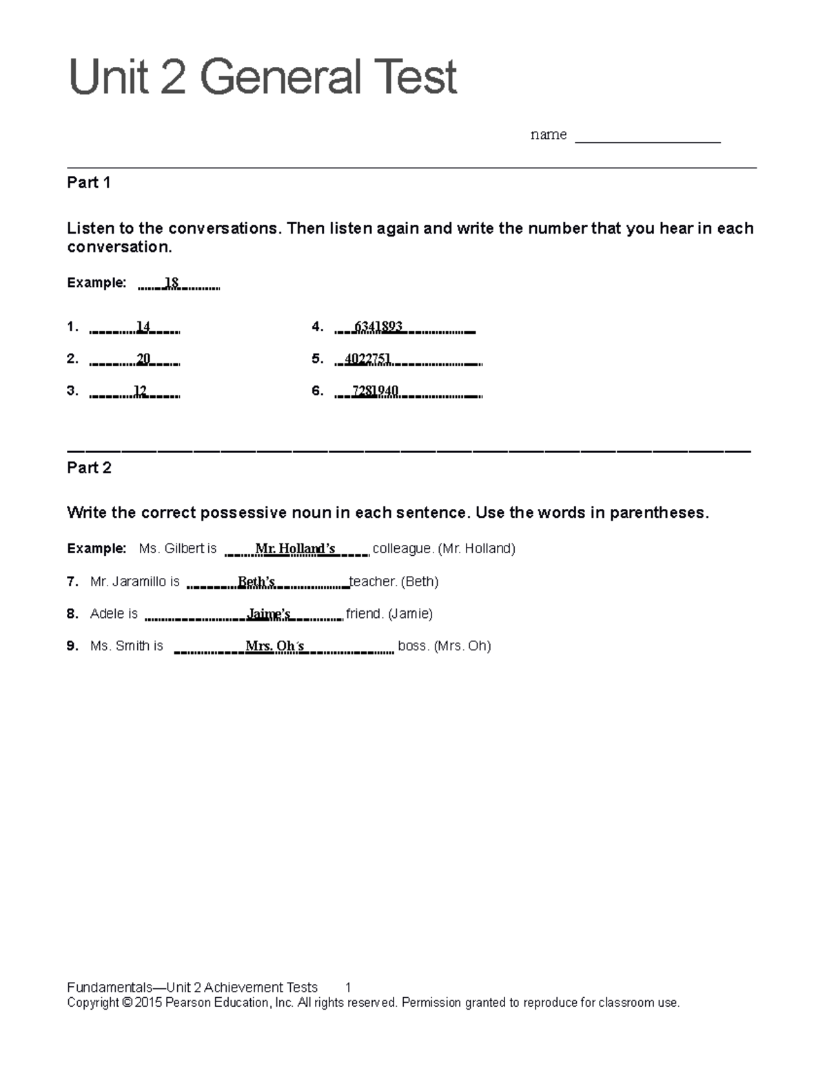 English Activity - Inglés - Unit 2 General Test name ...