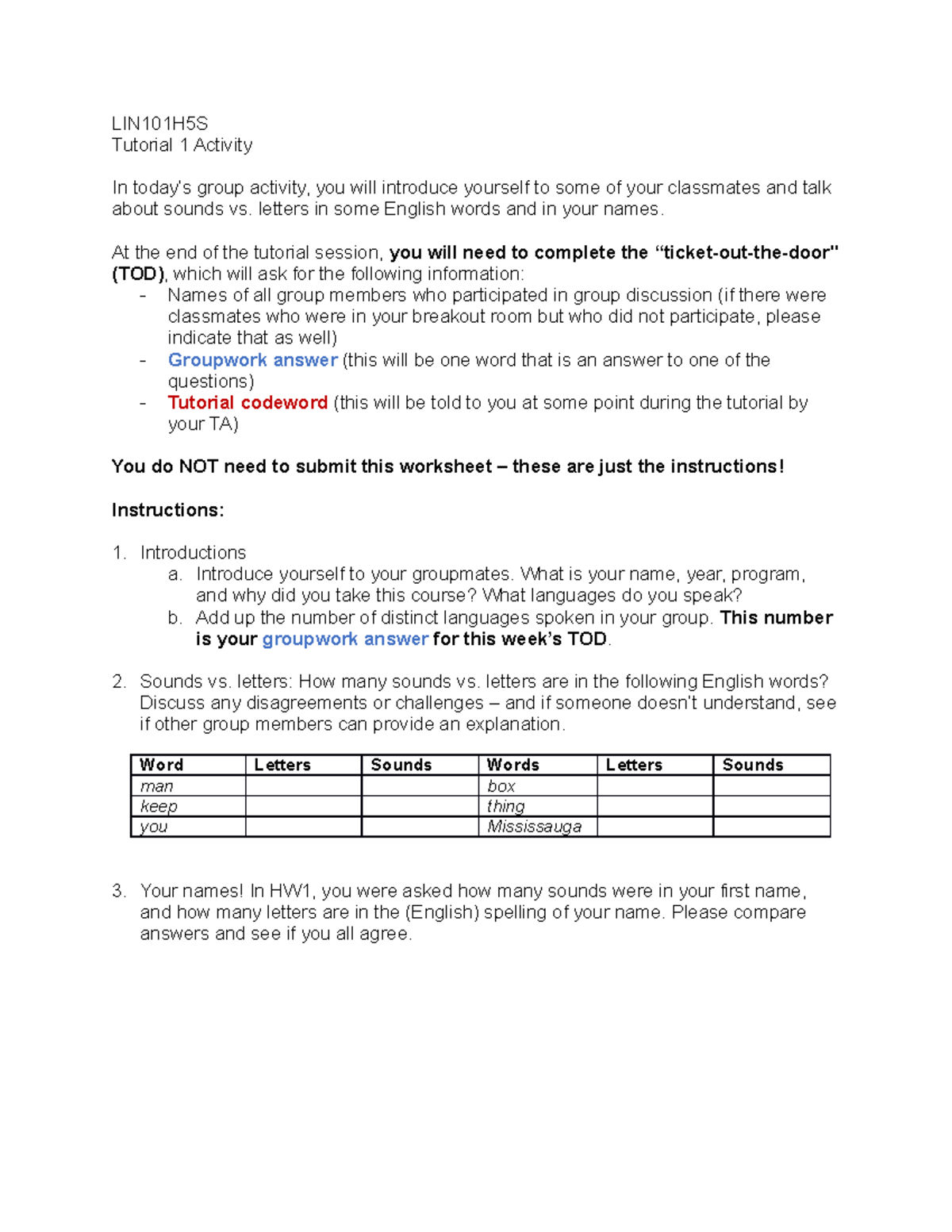LIN101 TUT assignment overview - LIN101H5S Tutorial 1 Activity In today ...