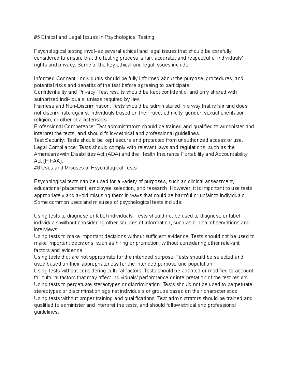 Introduction to Psychological Tests 5-6 - #5 Ethical and Legal Issues ...