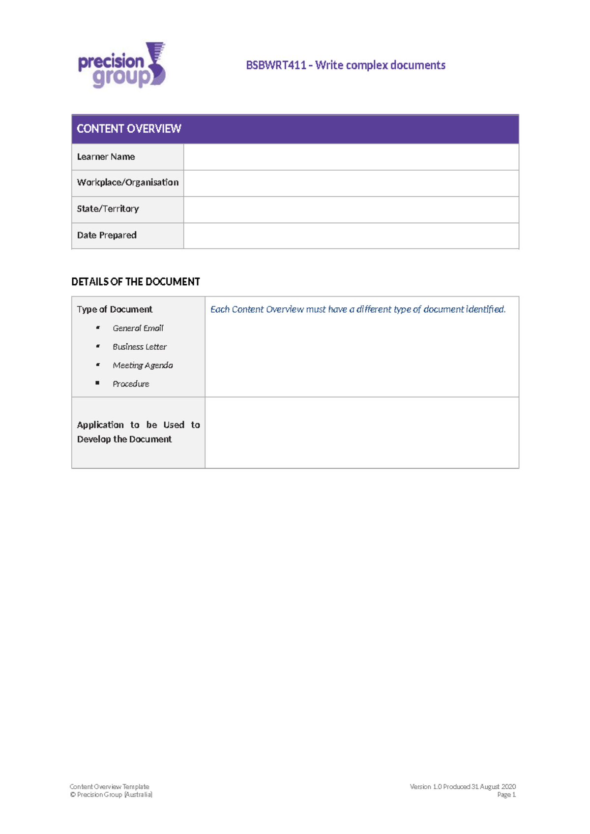 WRT411 Content Overview Template - BSBWRT411 - Write complex documents ...