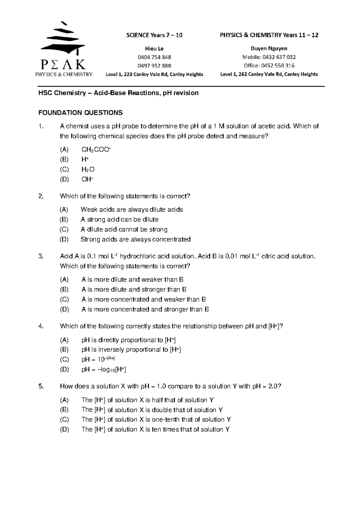 Module 6 Revision Acid Strength and p H - HSC Chemistry – Acid-Base ...