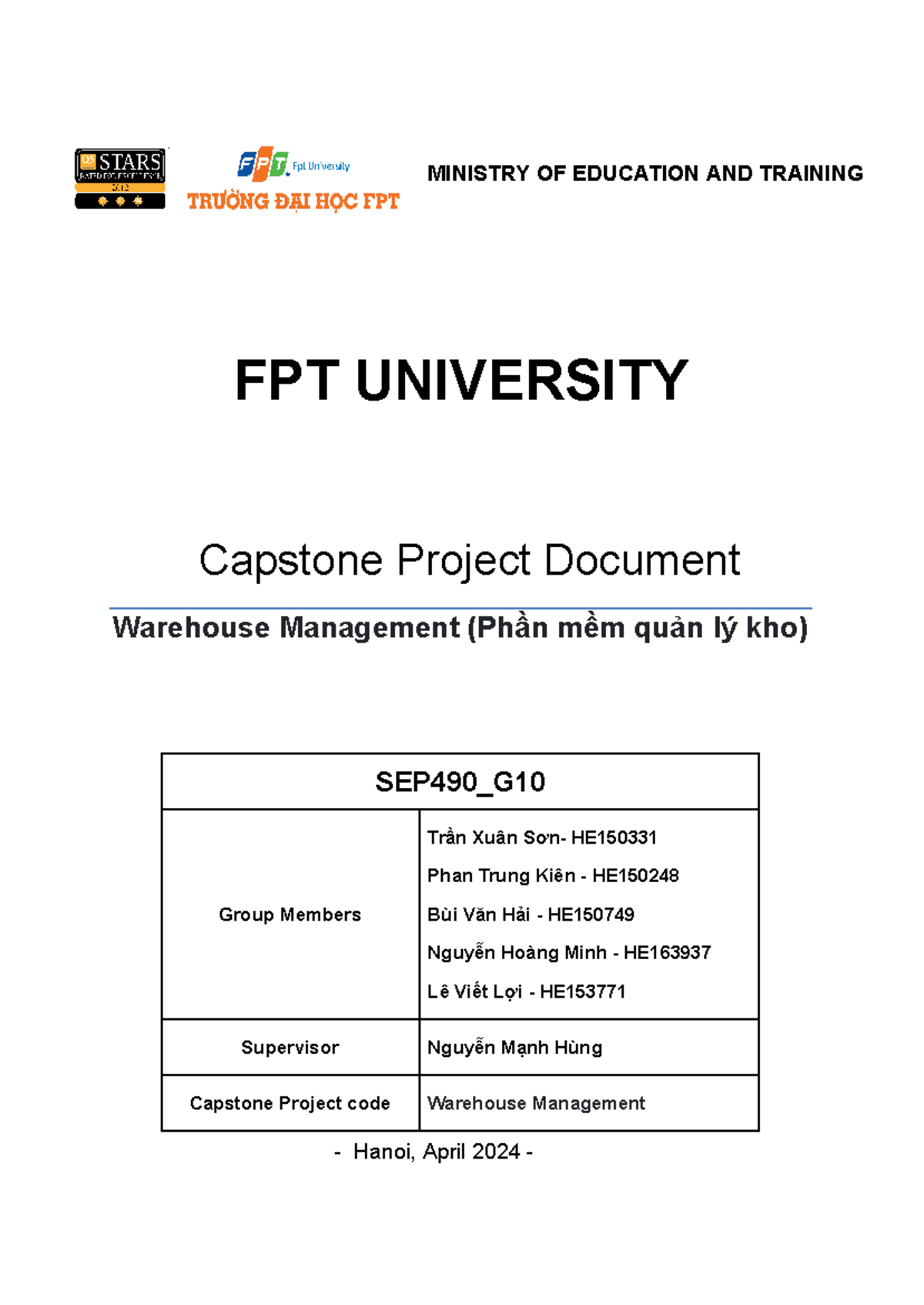 Sample 2 Capston Project - MINISTRY OF EDUCATION AND TRAINING FPT ...
