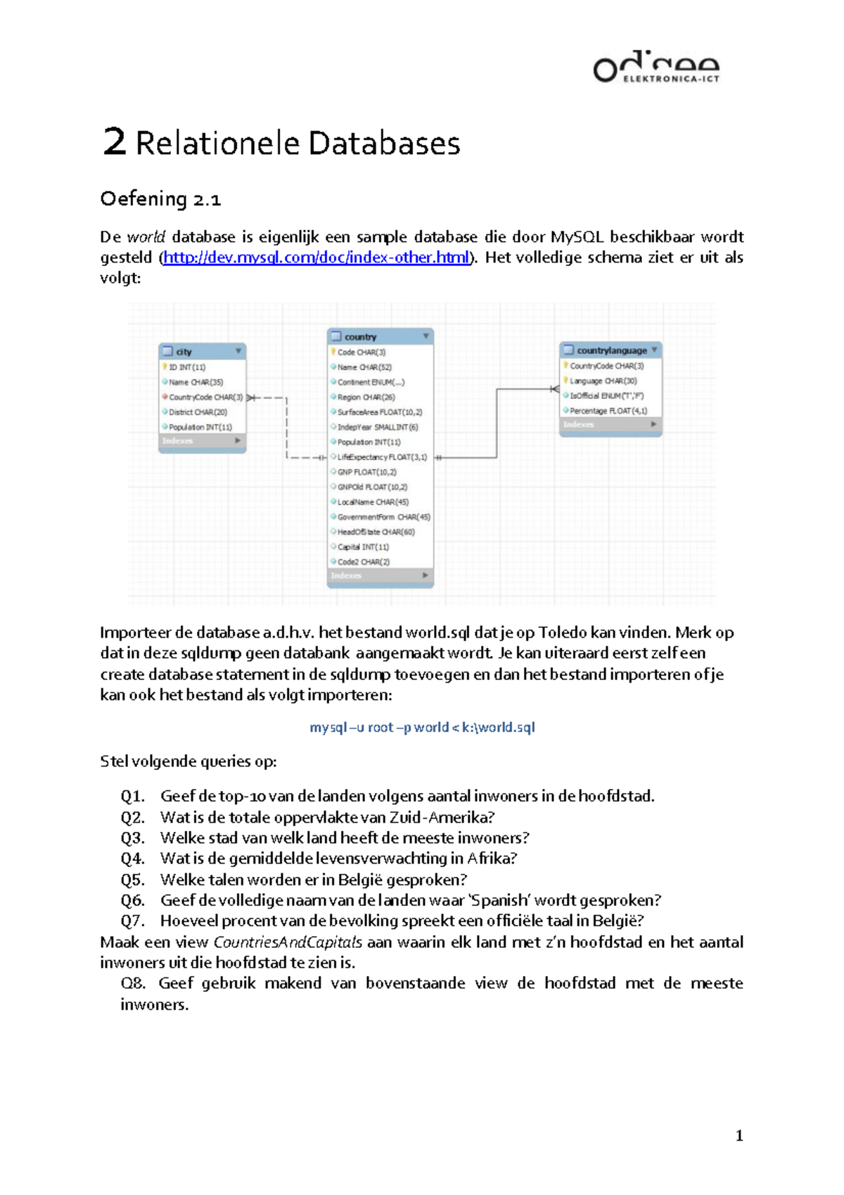 Labo 05 - Opgave - 2 Relationele Databases Oefening 2 De world database ...