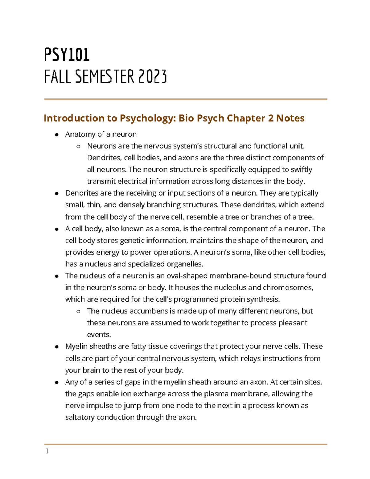 Introduction to Psychology Bio Psych Chapter 2 Notes - PSY FALL SEMTER ...