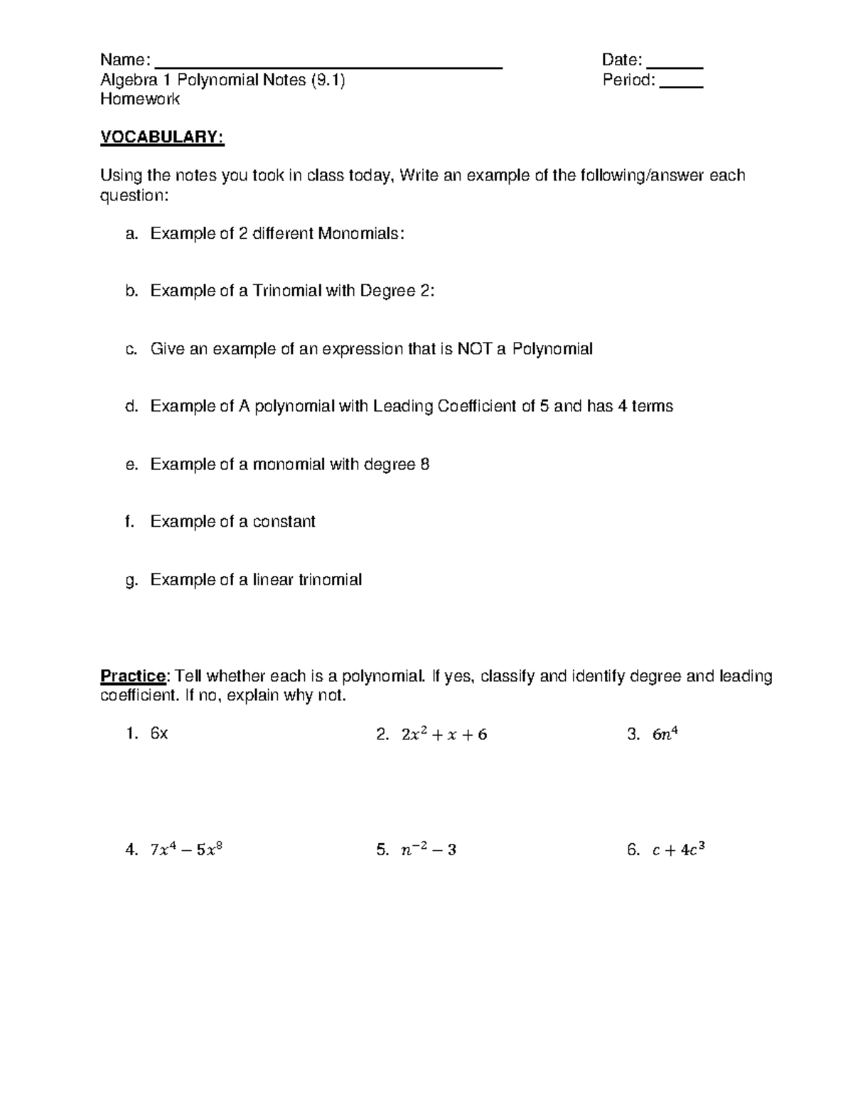 Matthew Canonico - Unit 9- (9-1) Polys Vocab, Add, Sub TB - Name: Date ...