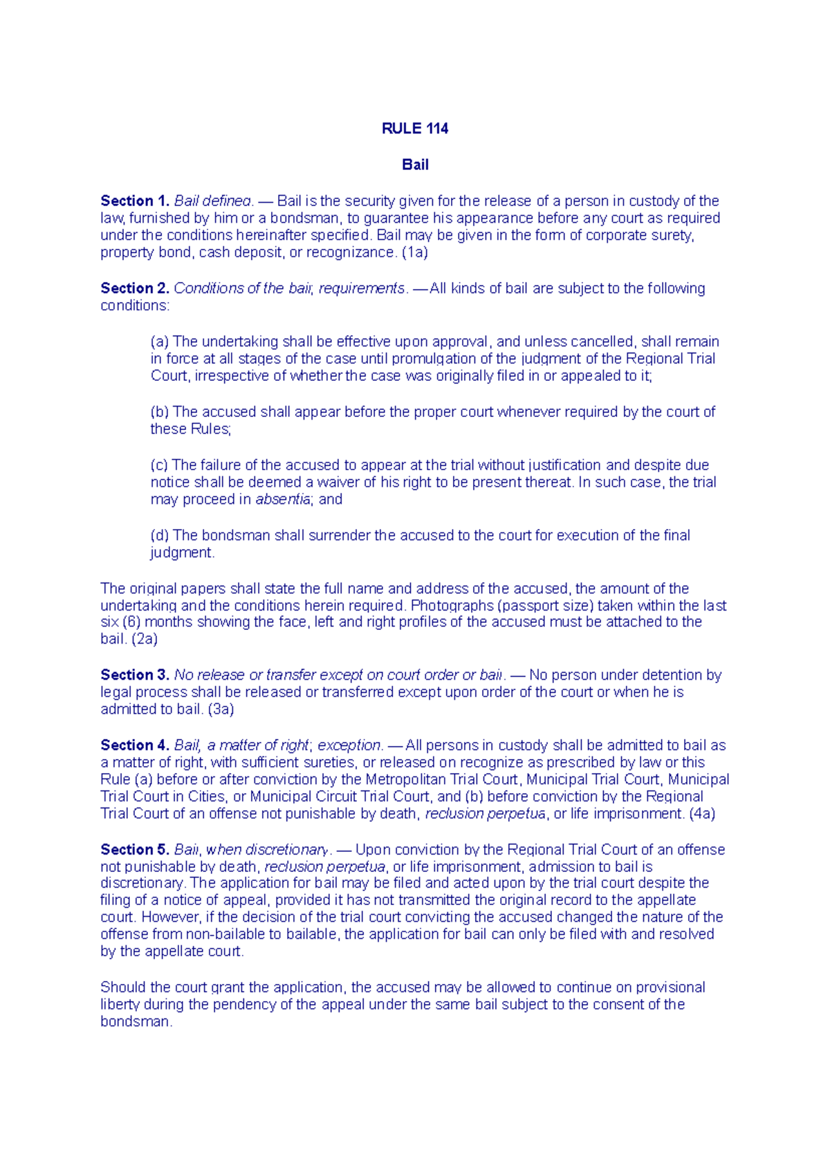 Rules on criminal procedure finals coverage - RULE 114 Bail Section 1 ...