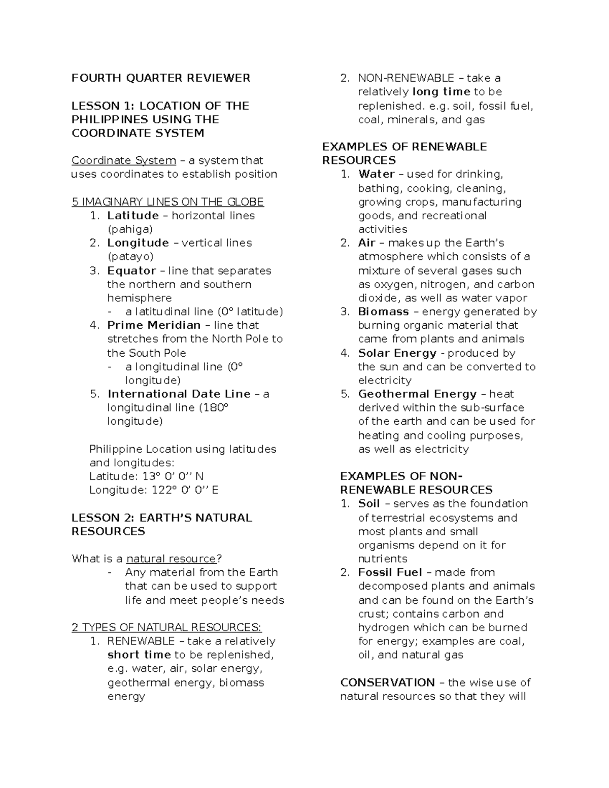Fourth Quarter Reviewer - FOURTH QUARTER REVIEWER LESSON 1: LOCATION OF ...