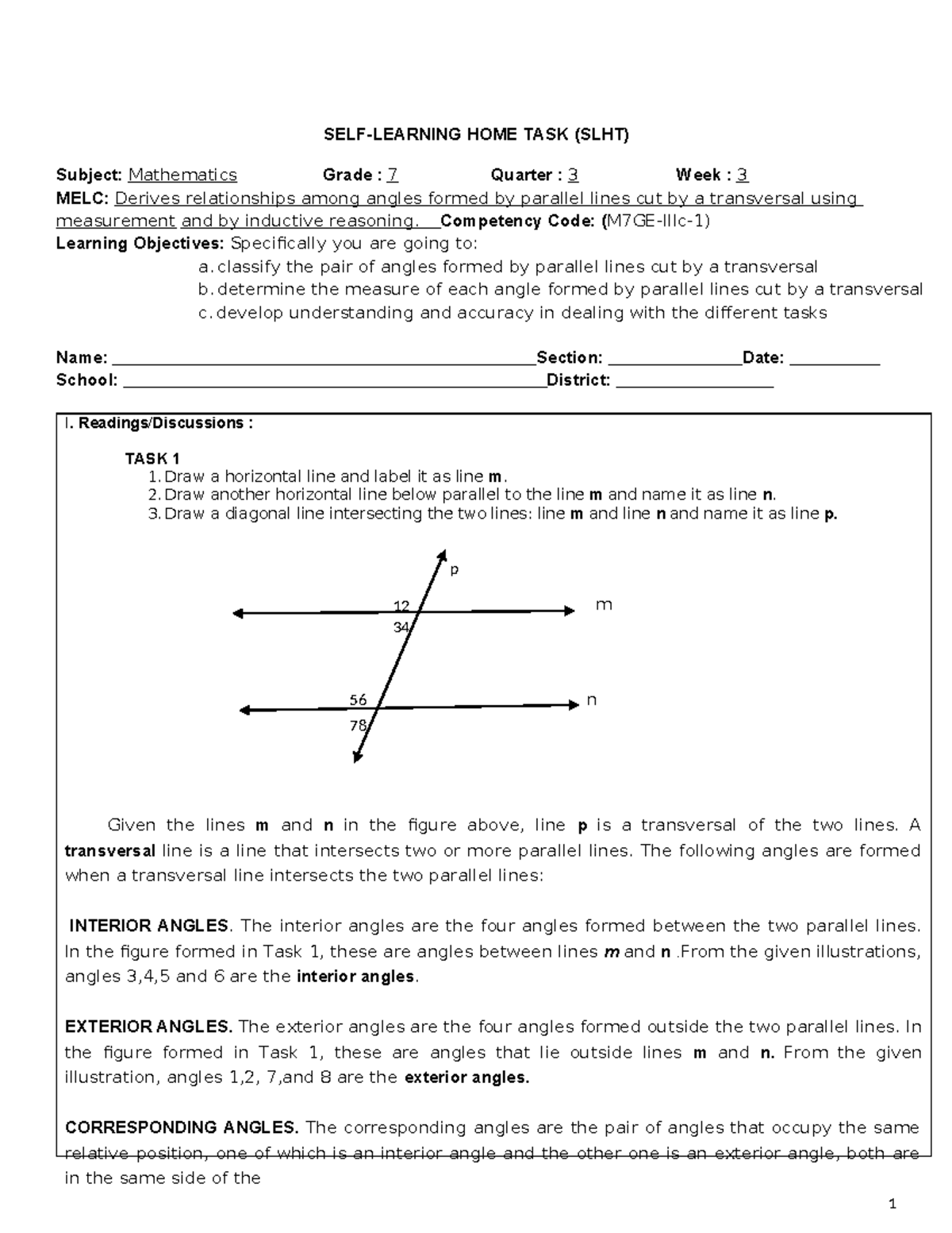 Math G 7 Q3 W3 SLHT edited - SELF-LEARNING HOME TASK (SLHT) Subject ...