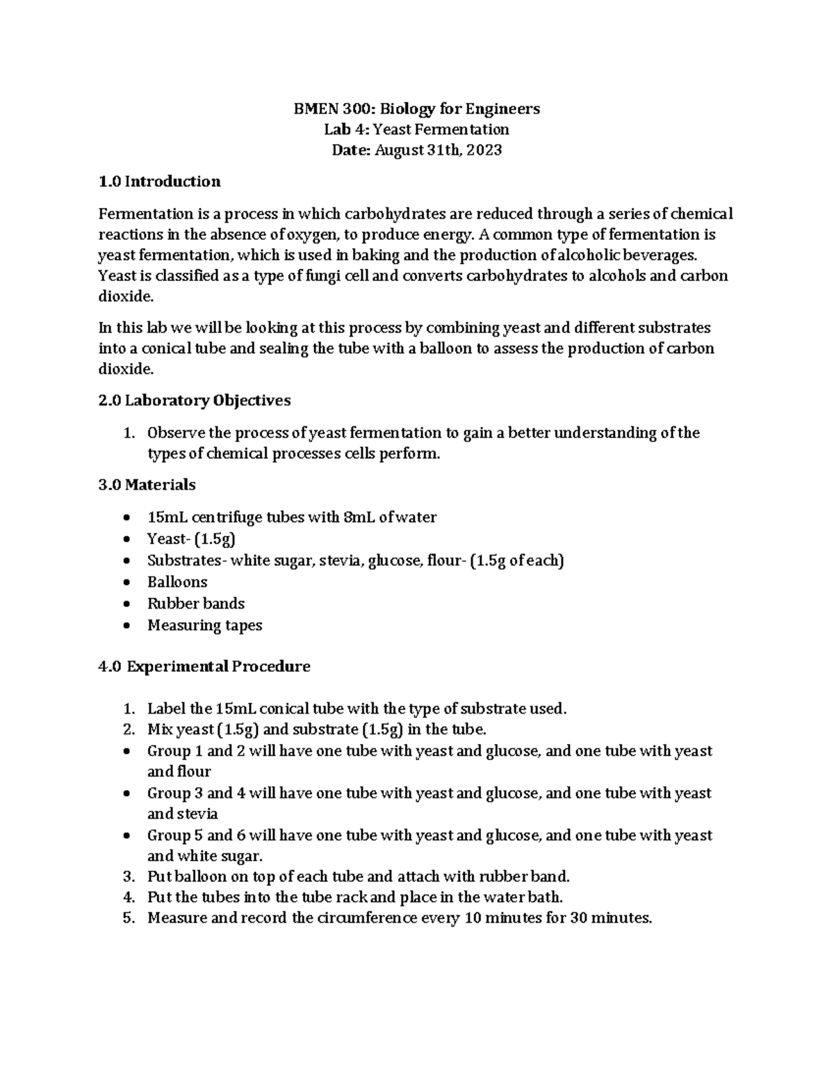 BMEN 300- Lab 4 Instructions - BMEN 300 : Biology for Engineers Lab 4 ...