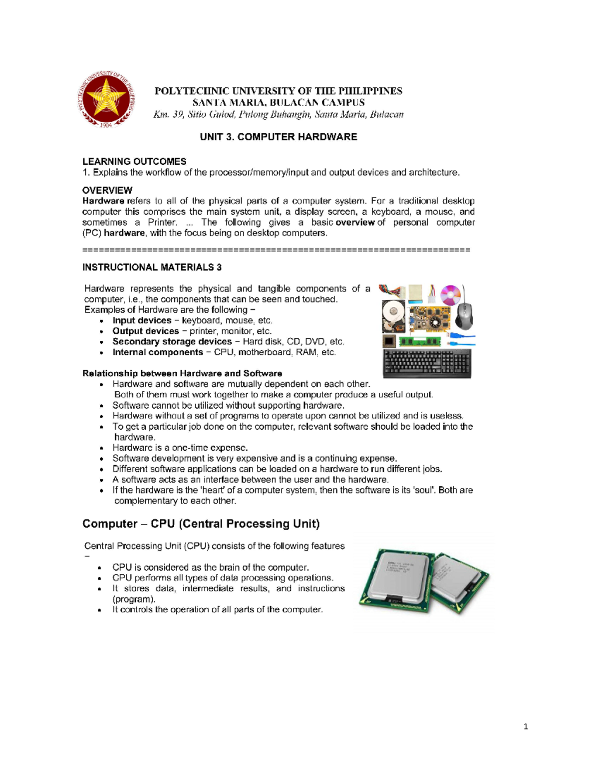 Lesson 1 UNIT 3 Computer Hardware - BS Hospitality Management - Studocu