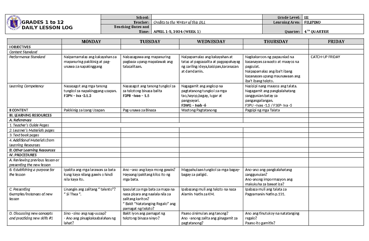 DLL Filipino 3 Q4 W1 - None - GRADES 1 to 12 DAILY LESSON LOG School: Grade Level: III Teacher ...