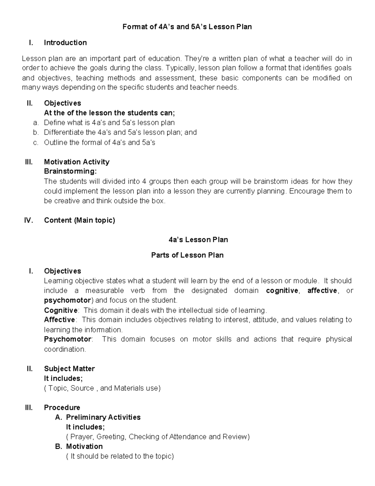 646410481 Format of 4a s Lesson Plan - Format of 4A’s and 5A’s Lesson ...