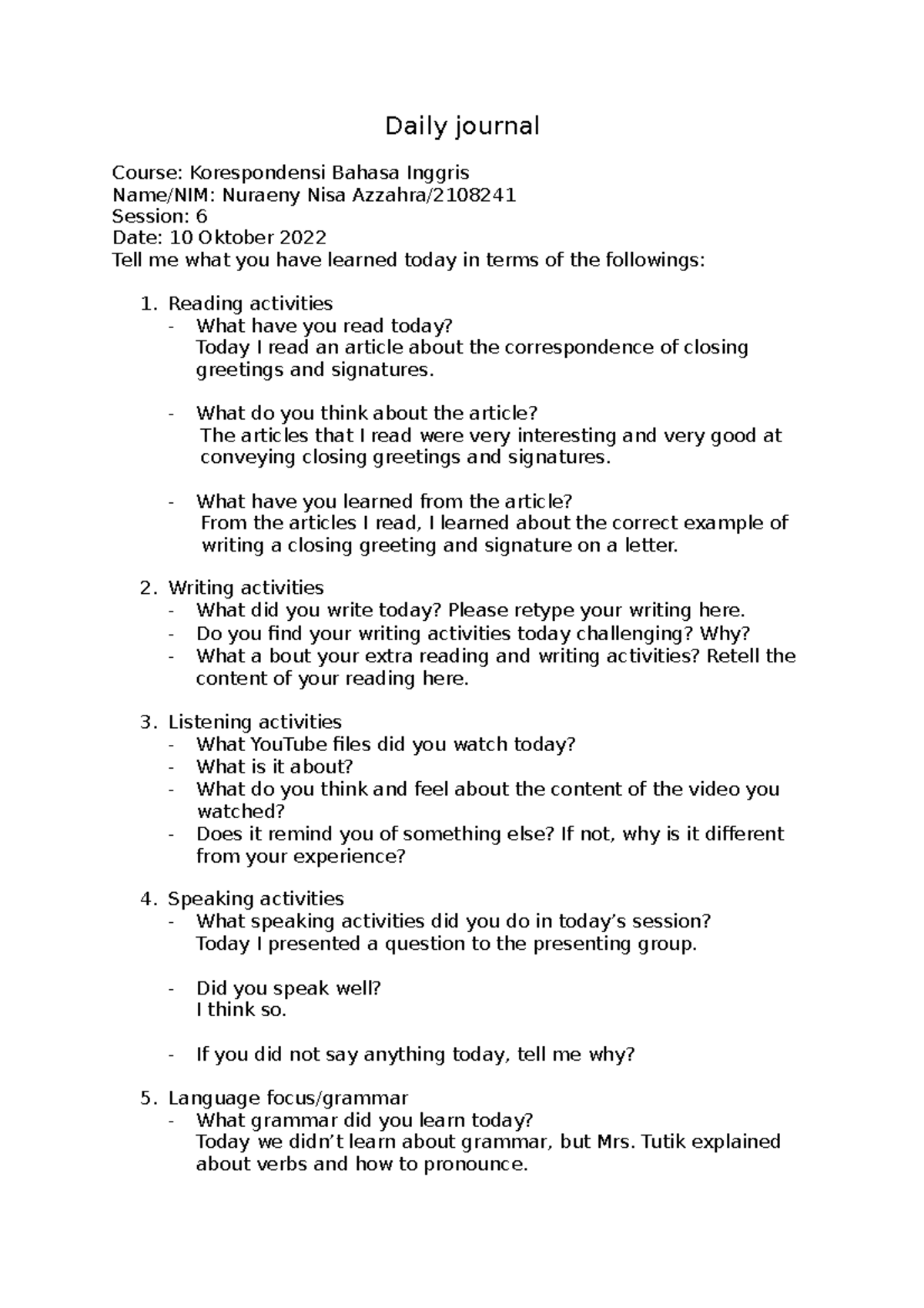 Daily journal at English Course to reflect student's understanding ...