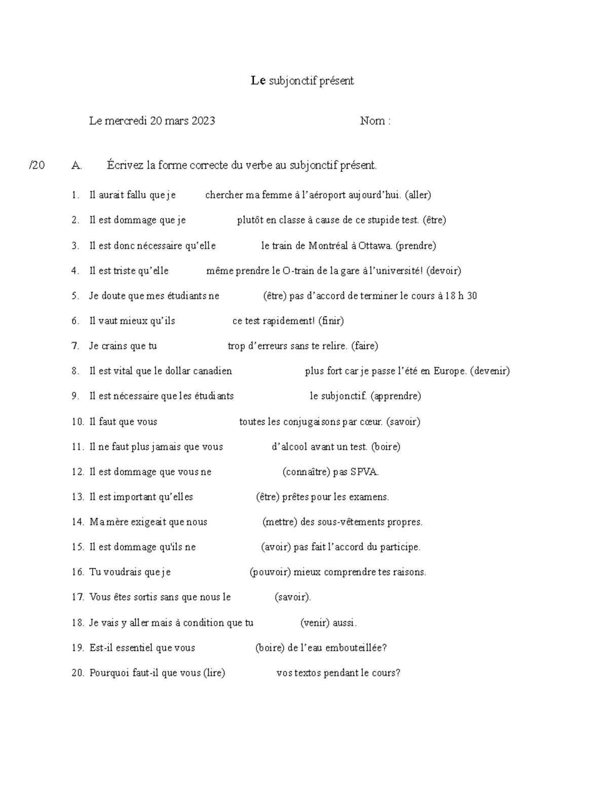 Test du subjonctif 1 - Test for French - Le subjonctif présent Le ...