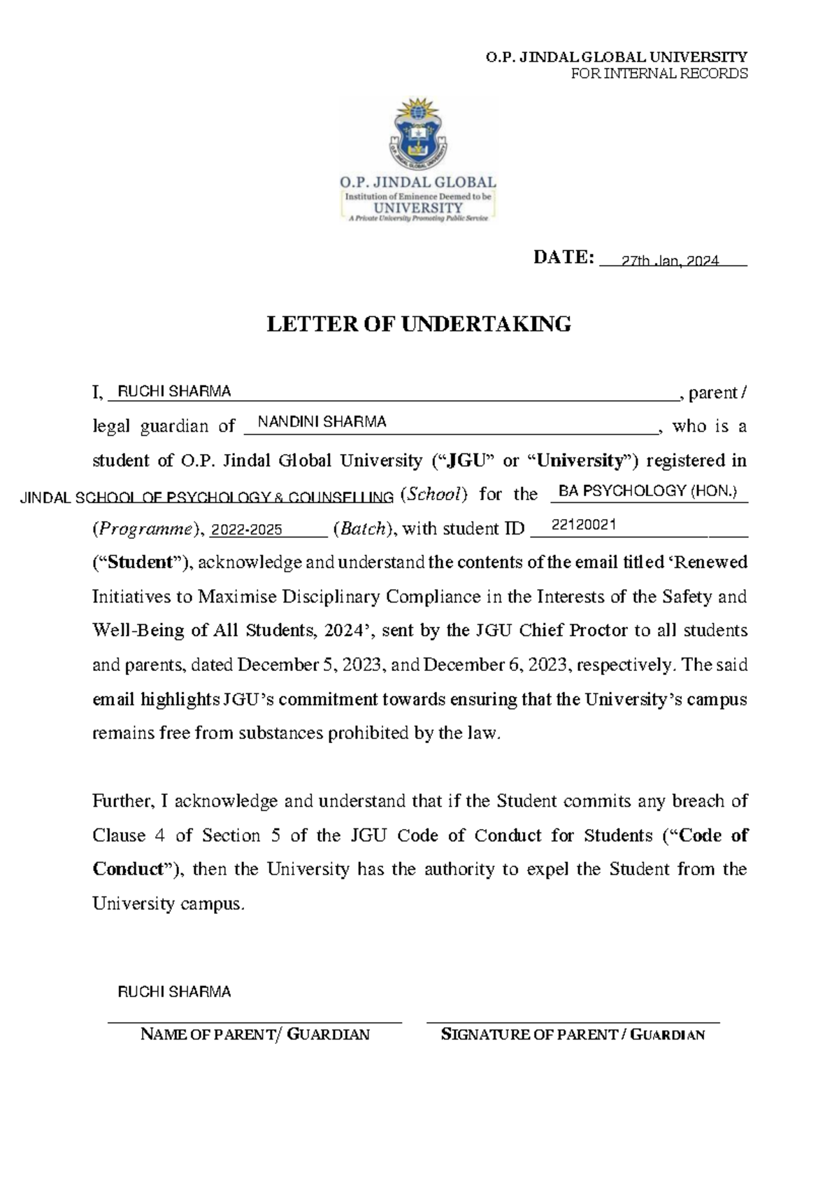 Letter of Undertaking NEW - O. JINDAL GLOBAL UNIVERSITY FOR INTERNAL ...
