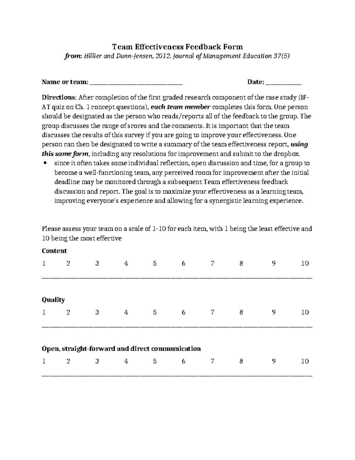 TEAM Effectiveness Feedback FORM - Team Effectiveness Feedback Form ...