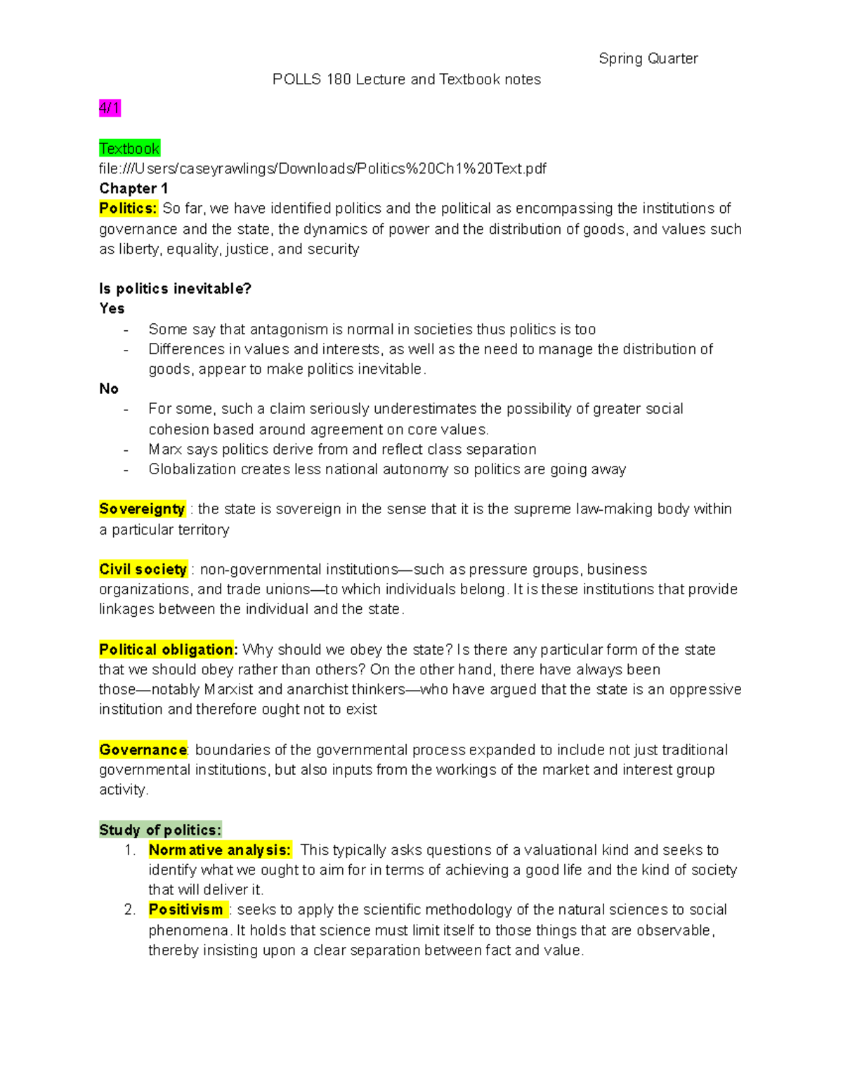 Pols 180 class notes - Spring Quarter POLLS 180 Lecture and Textbook ...