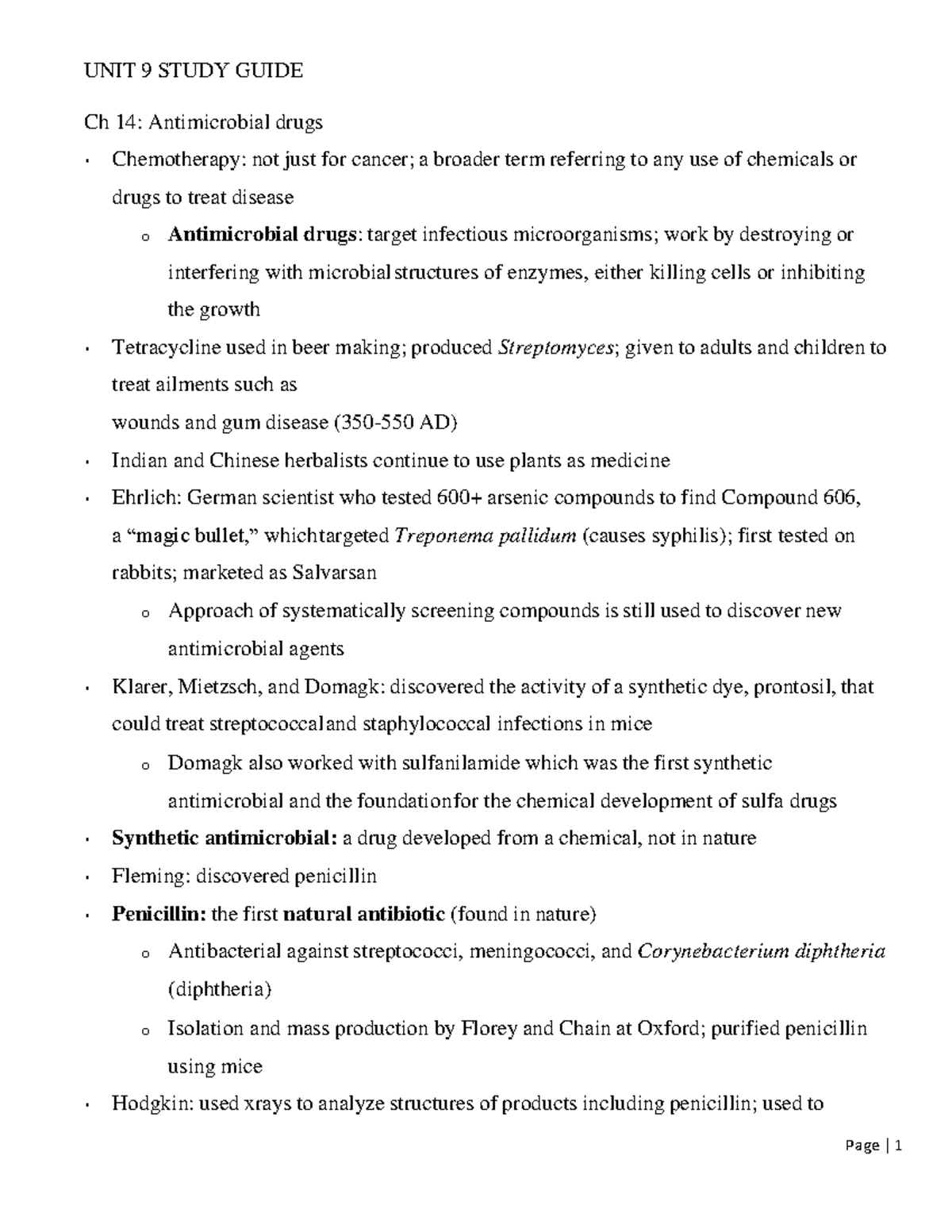Unit 9 study guide Chapter 14 Antimicrobial drugs - UNIT 9 STUDY GUIDE ...