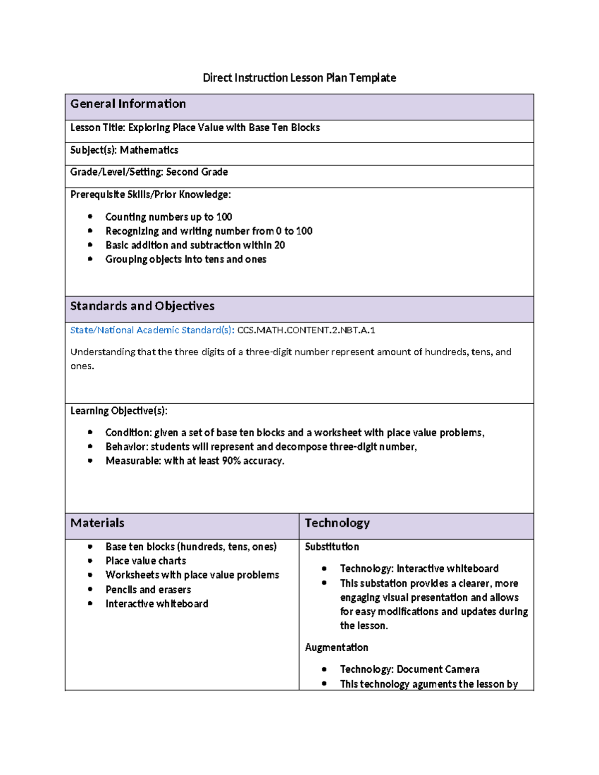 Elementary Mathematics Methods - C381- Task 1 - Direct Instruction Lesson Plan Template General ...